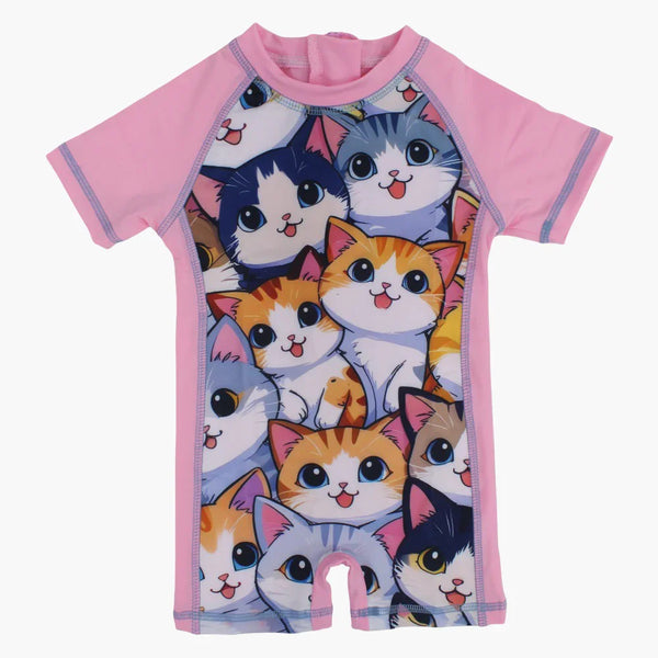 Girls Overall Swimsuit - Pink with Cute Kittens Print – Ourkids